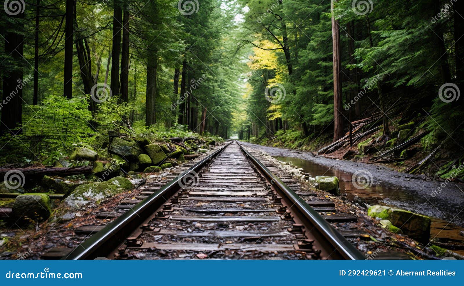 A Railroad Track in the Woods with Trees on Either Side Stock ...
