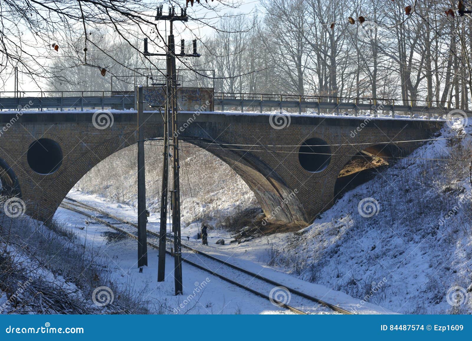 Railroad Tracks and Bridge in Winter Stock Photo - Image of snow ...