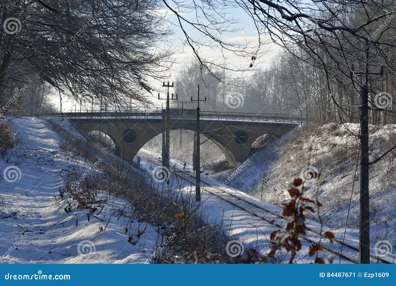Railroad Tracks and Bridge in Winter Stock Image - Image of freezing ...