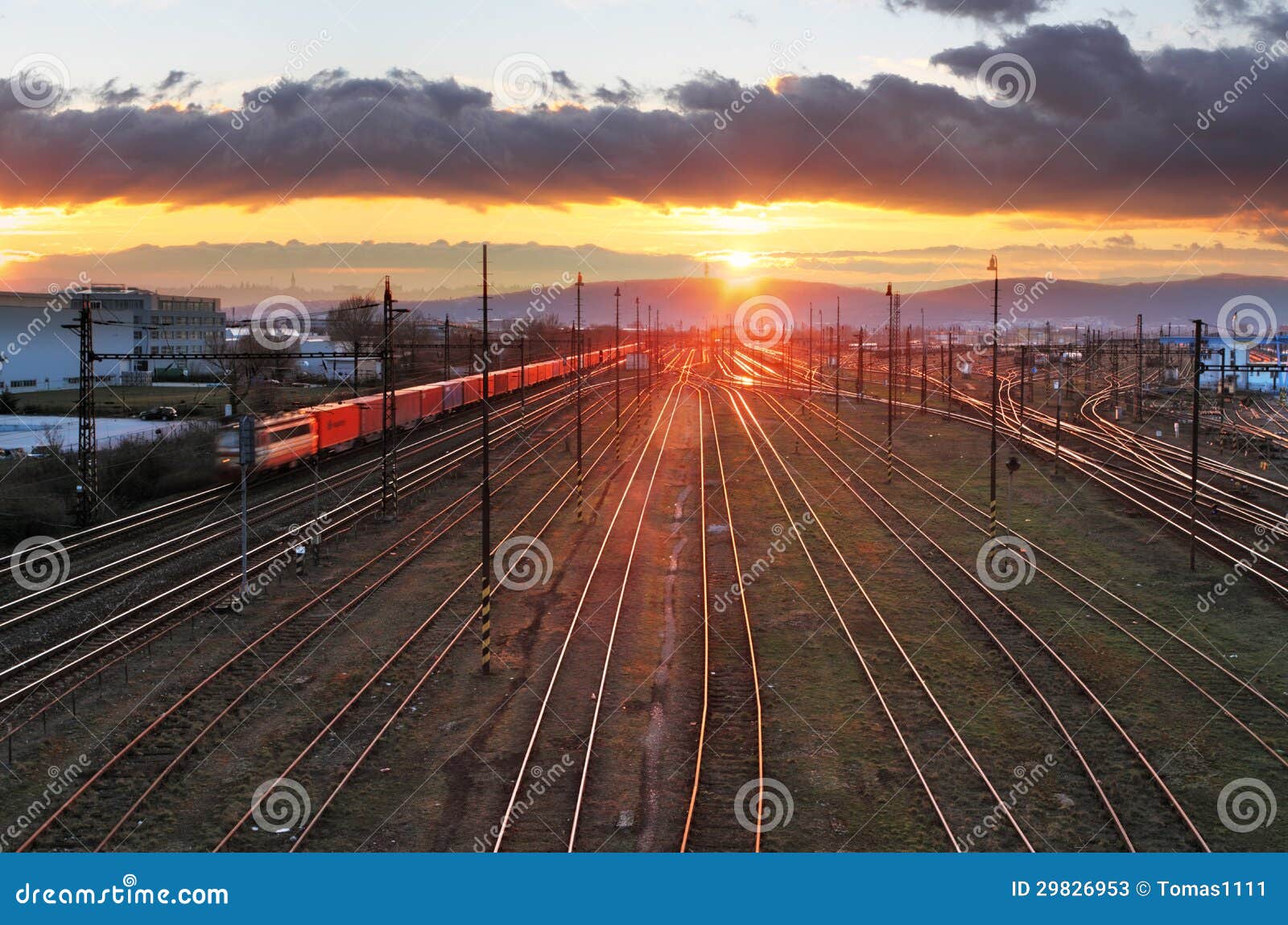 Railroad with Train at Sunset and Many Lines Stock Image - Image of ...