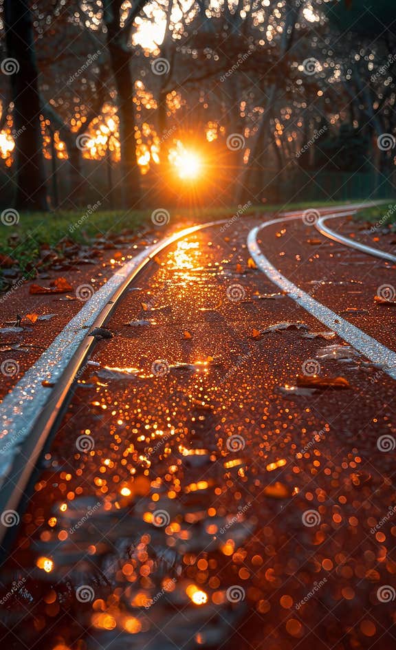 Rails and Leaves in the Sunset Stock Image - Image of nature, direction ...