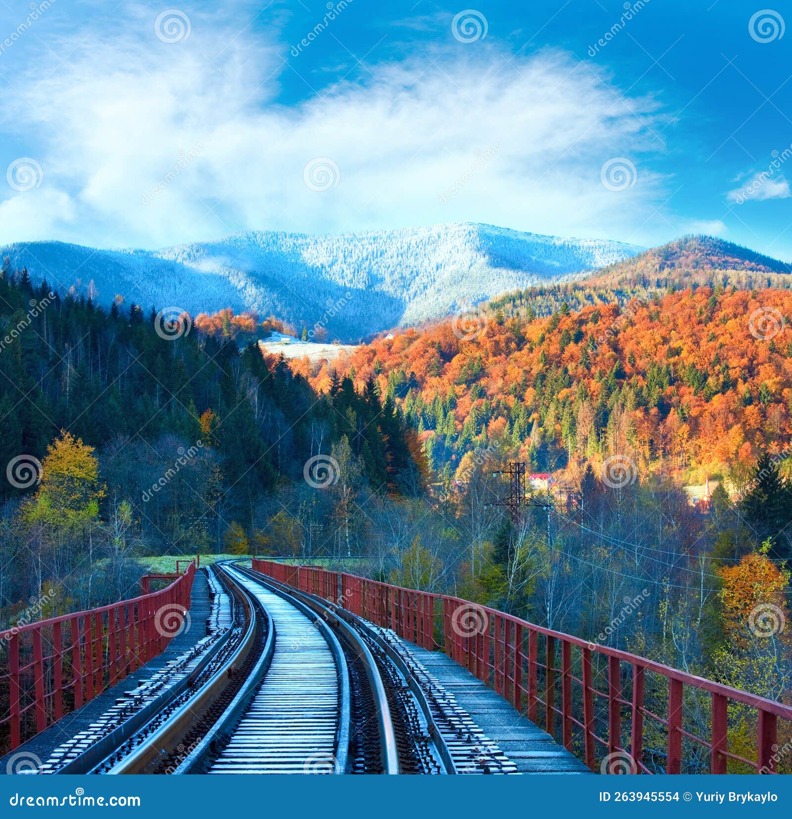 Railway on Bridge and First Autumn Snow on Far Mountains Stock Photo ...
