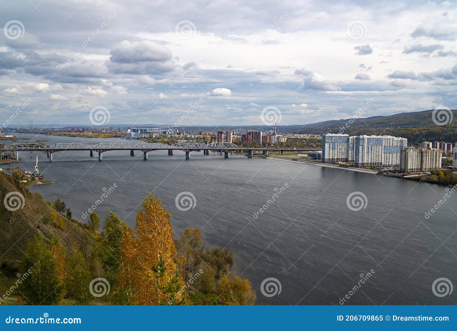 Panoramic View of the City Across the River. Stock Image - Image of ...