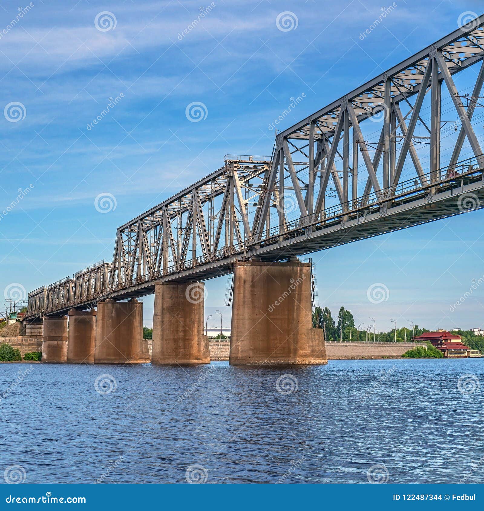 Railway Bridge Over River. Perspective View Stock Photo - Image of iron ...