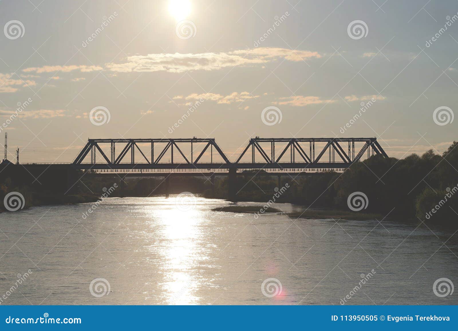 Railway Bridge Over the River at Sunset Stock Image - Image of railroad ...