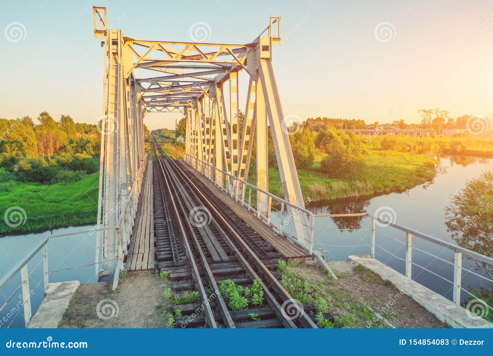 Railway Bridge Over a Small River, Sunset View Stock Image - Image of ...
