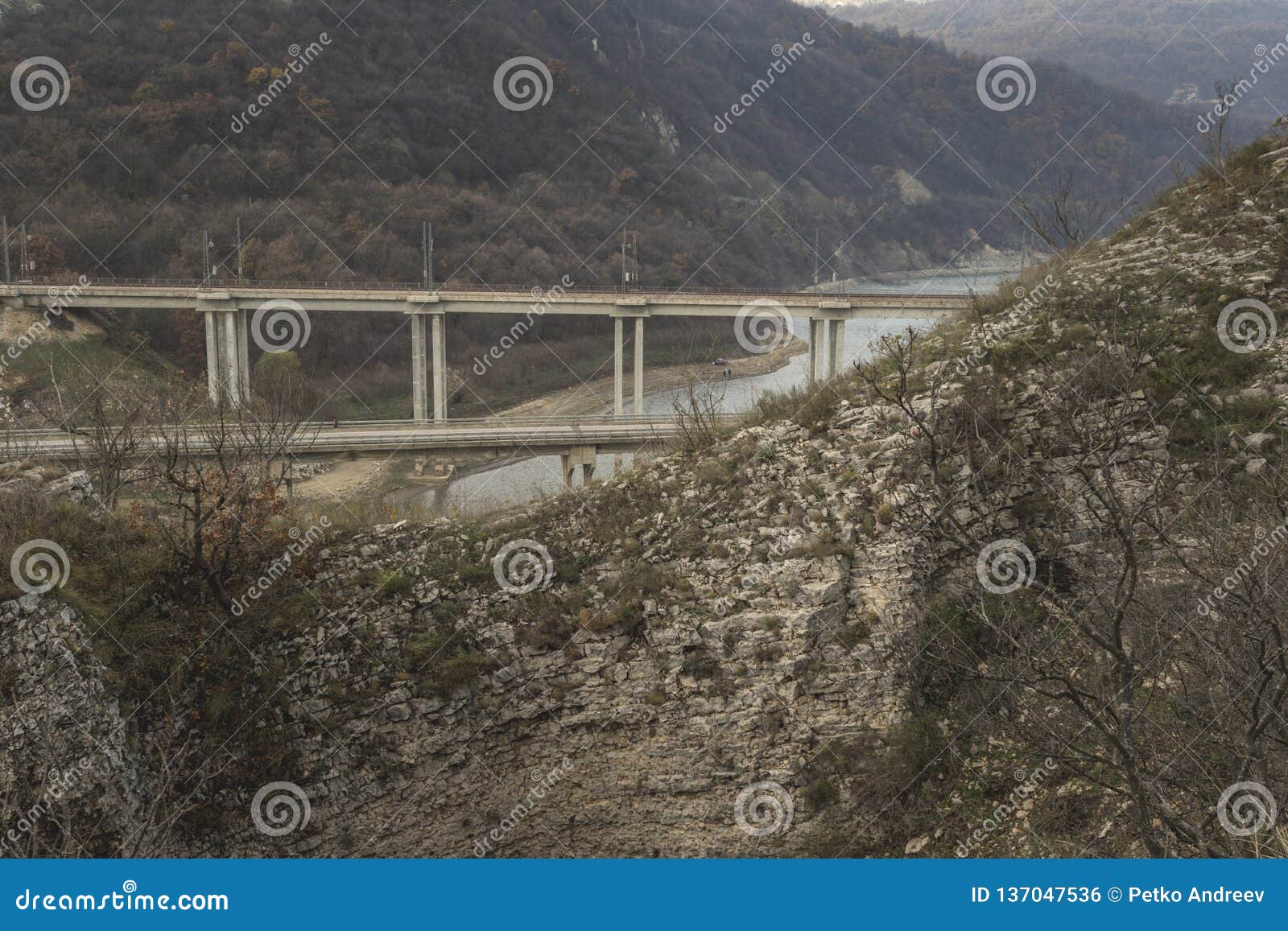 A Railway Bridge with Trains Passing Over Tsonevo Dam. Stock Photo ...