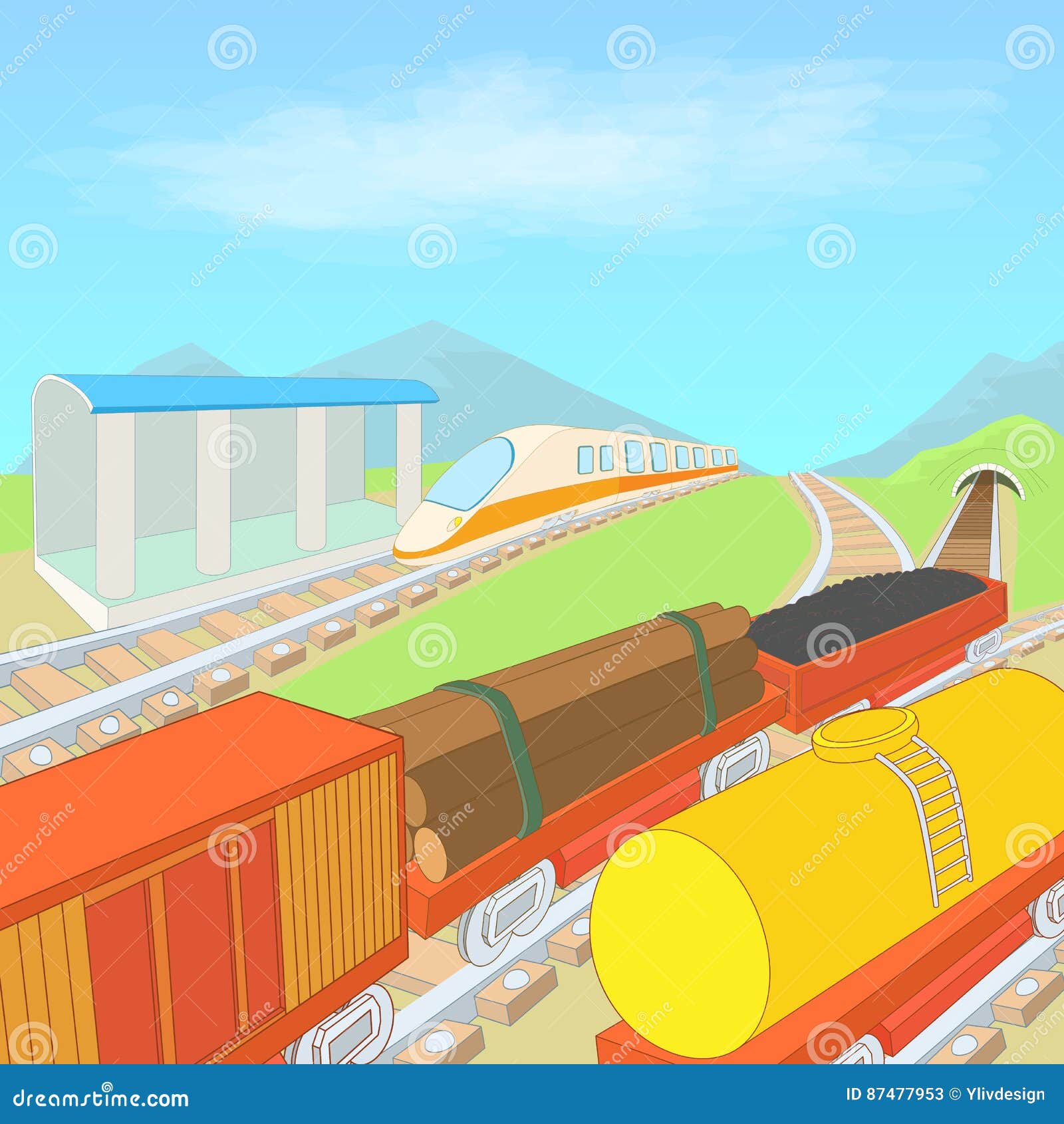 Railway Concept, Cartoon Style Stock Vector - Illustration of exterior ...