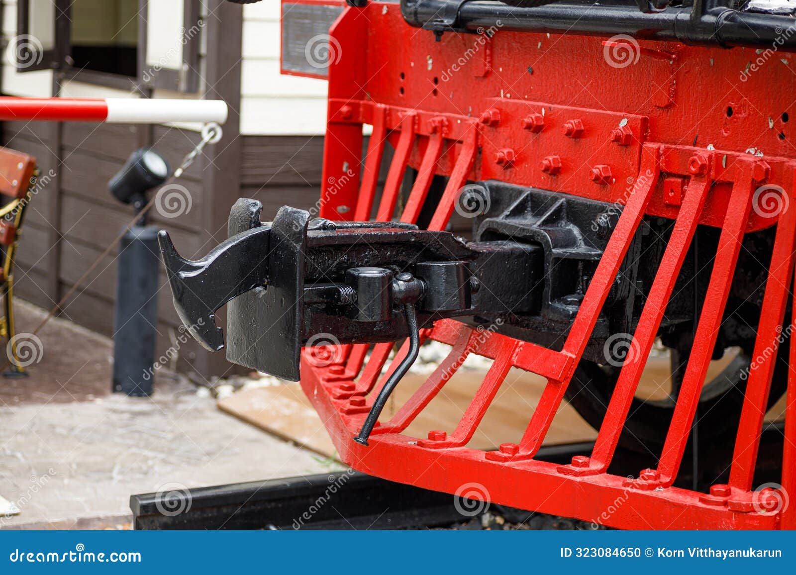 Coupling Between Two Train Carriages In Narrow-gauge Railway Royalty ...