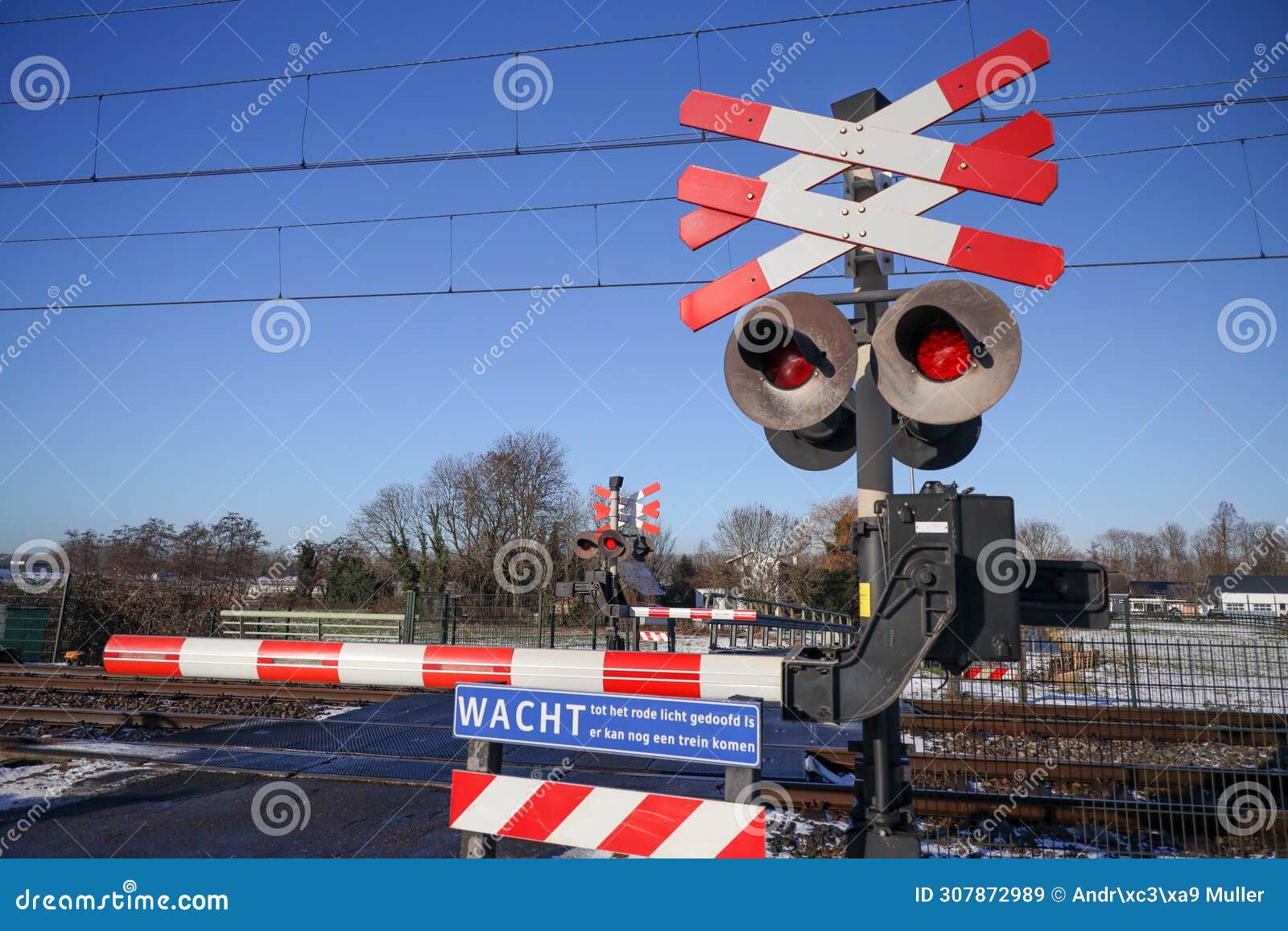 Railway Crossing with Red Lights and Barrier in the Zuidplaspolder ...