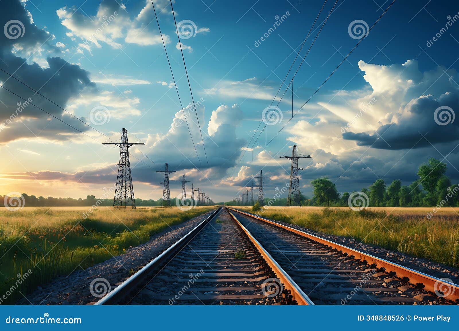 Railway in the Meadow at Sunset. Electricity Distribution Station Stock ...