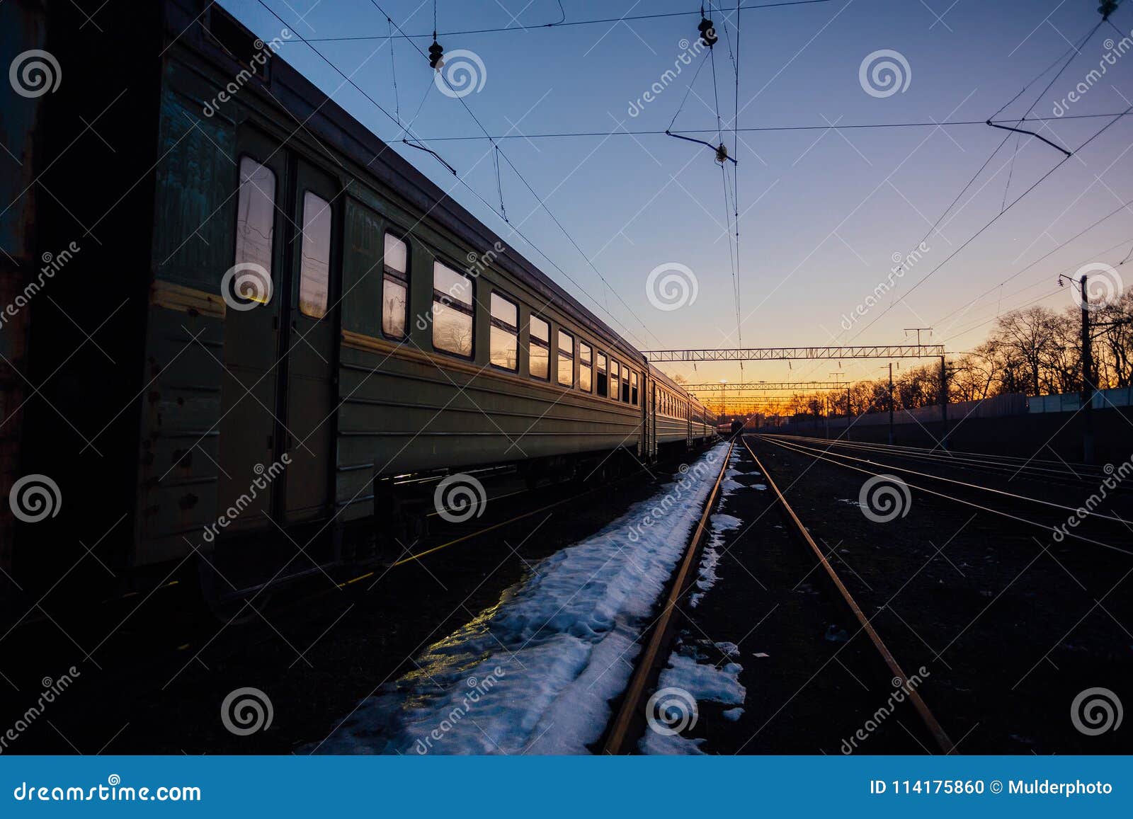 Railway with Old Passenger Train in Sunset Background Stock Photo ...