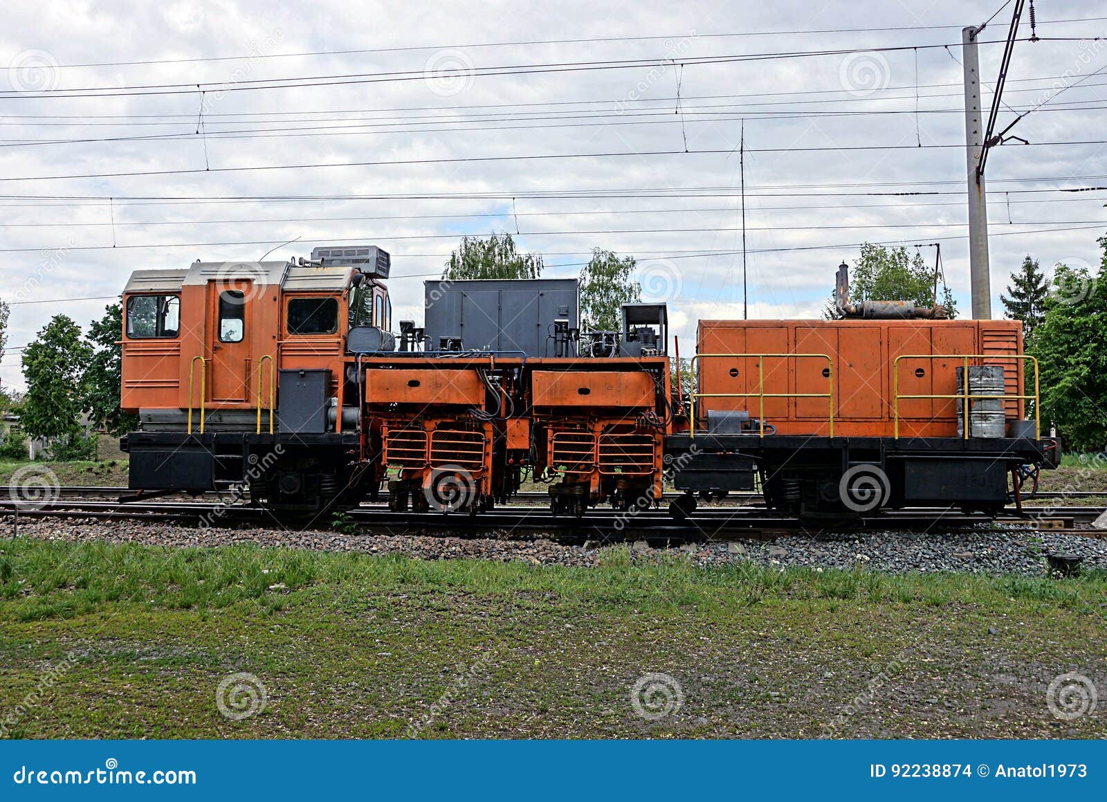 Railway Repair Train on Orange Rails Stock Photo - Image of wagon ...