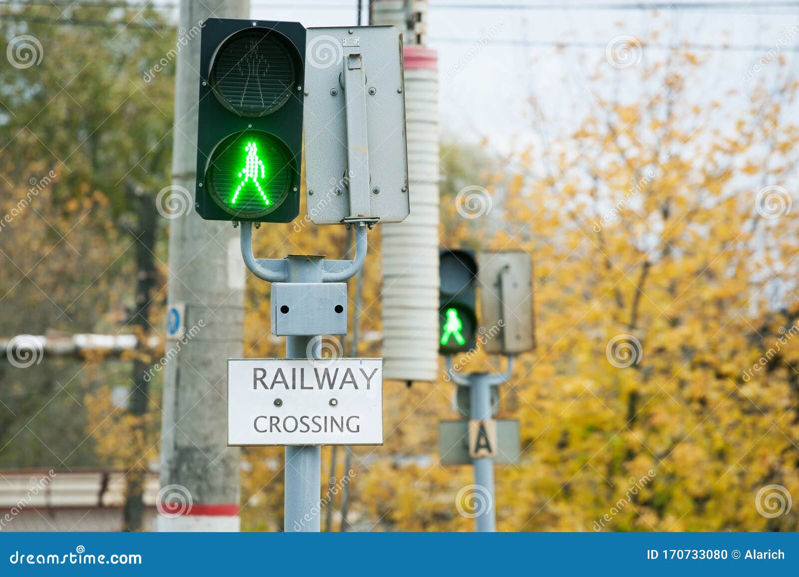 Railway Sign and Green Traffic Light Stock Photo - Image of railroad ...