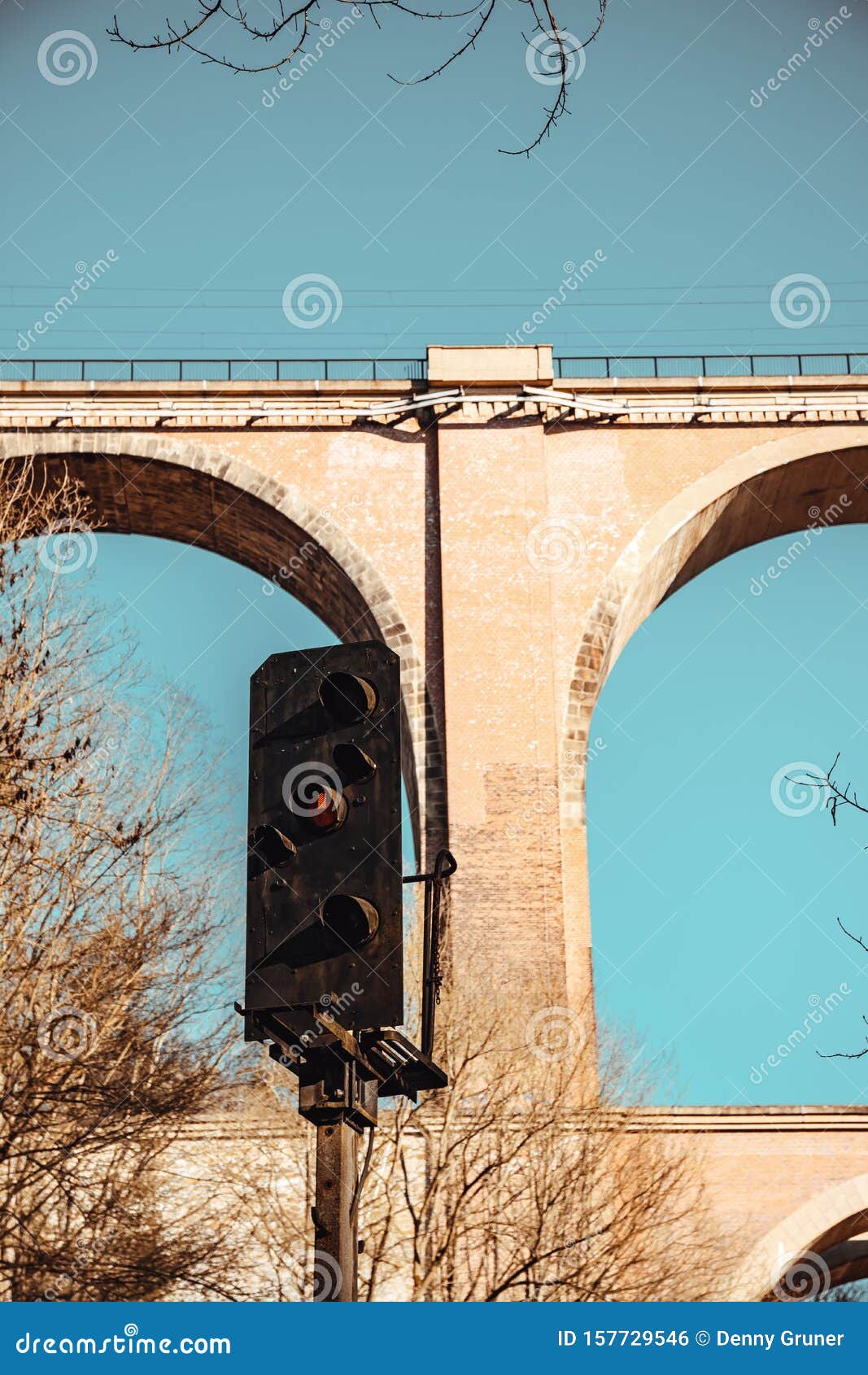 Railway Signal in Front of a Bridge Stock Photo - Image of light ...