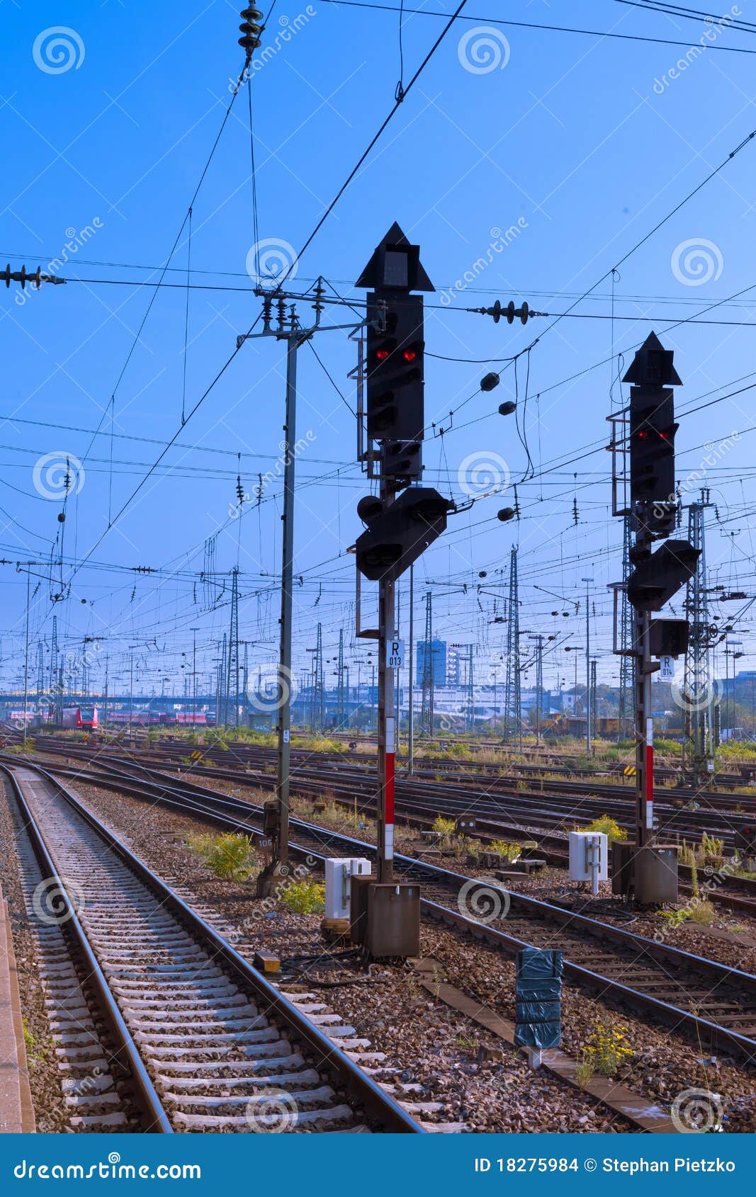 Railway Signal and Overhead Wiring Stock Photo - Image of light, line ...