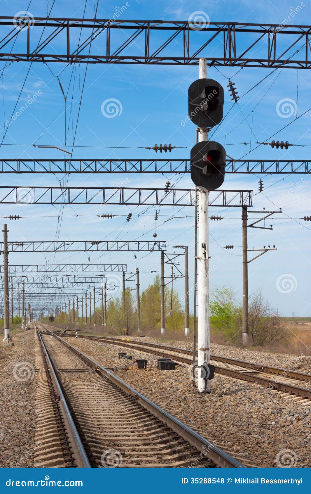 Red Signal Of Semaphore And Stop Sign In Front Of Railroad Crossing ...