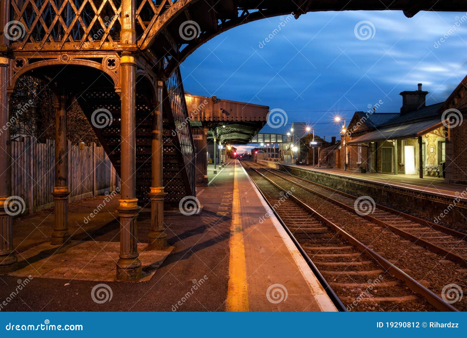 Railway Station and Old Bridge at Night Stock Photo - Image of yellow ...