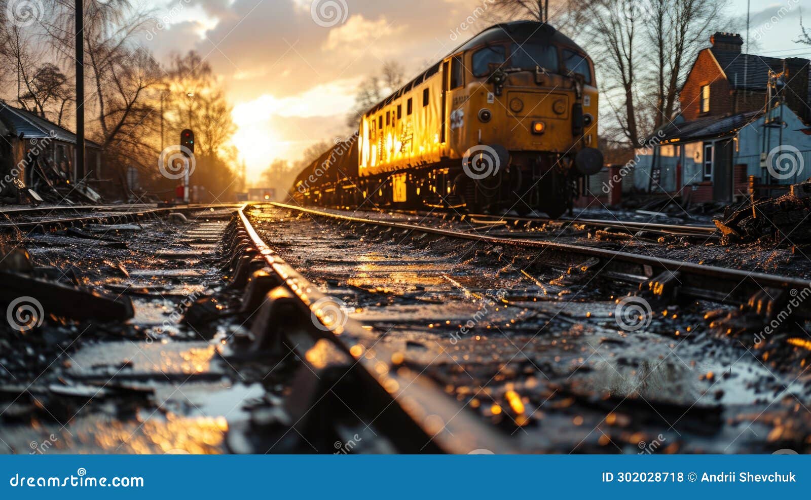 Railway Station in the Rays of the Setting Sun. Cargo Train Stock ...