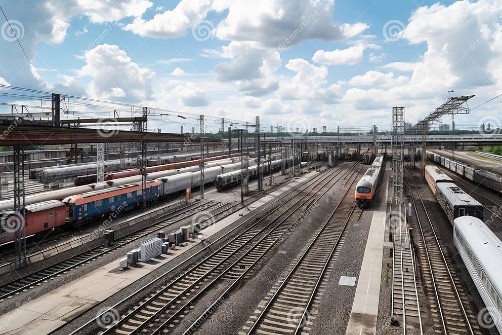 Railway Station, with Trains Loading and Unloading Passengers and Cargo ...