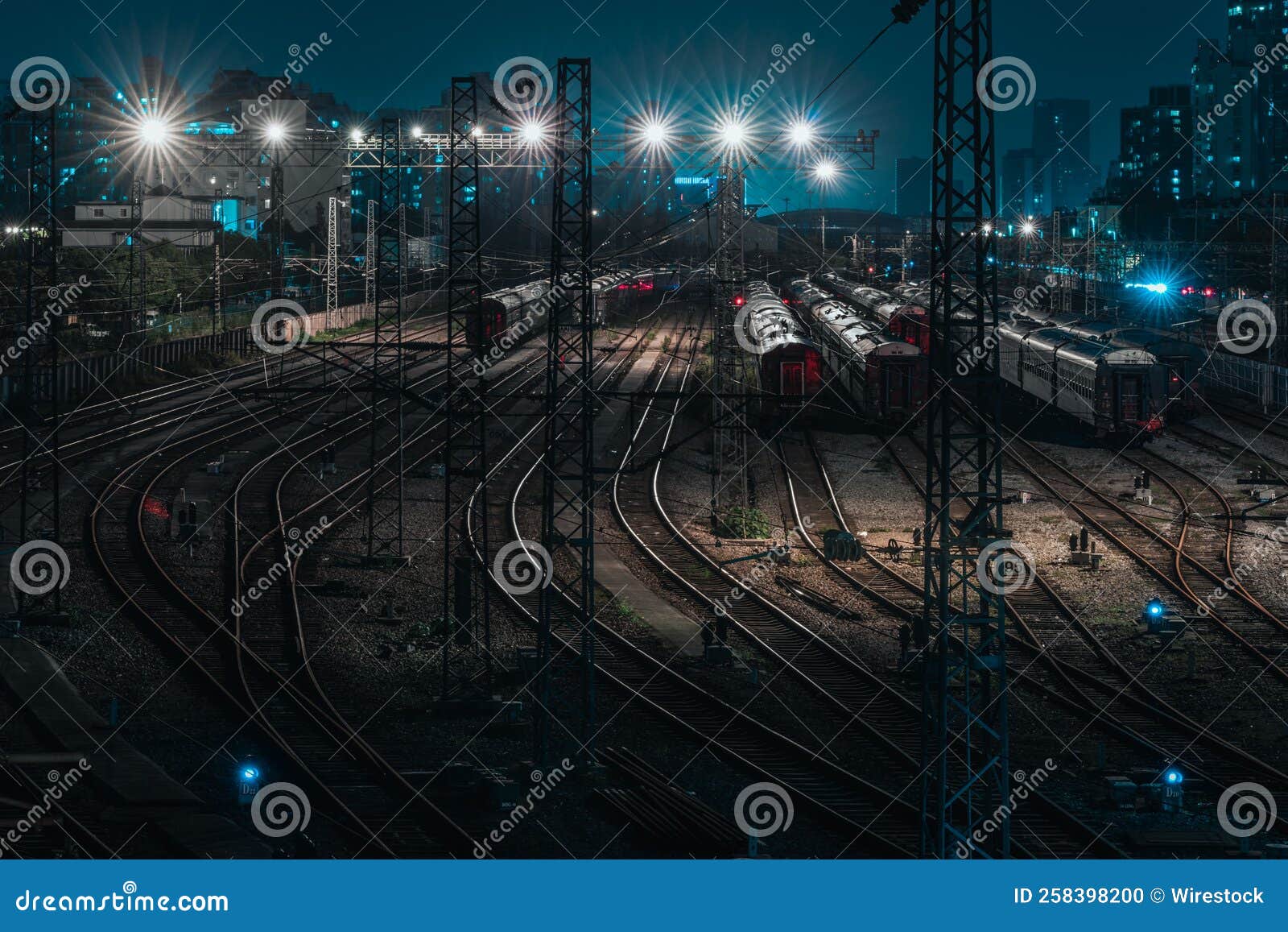 Railway Station with Trains at Night Stock Photo - Image of industrial ...