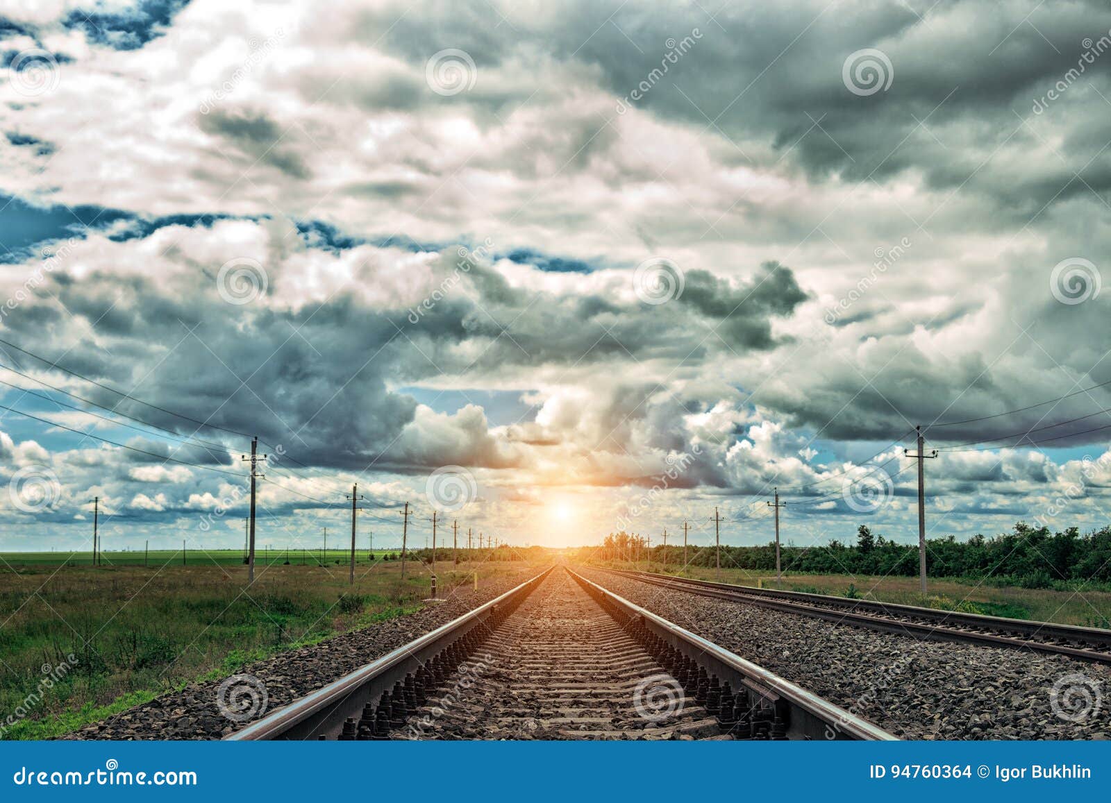Railway at Sunset with Dramatic Sky. Railroad Track Stock Photo - Image ...