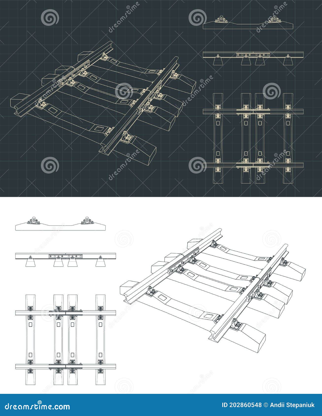 Railway Drawings With Thin Lines: Diesel Locomotive, Rail, Insulator ...