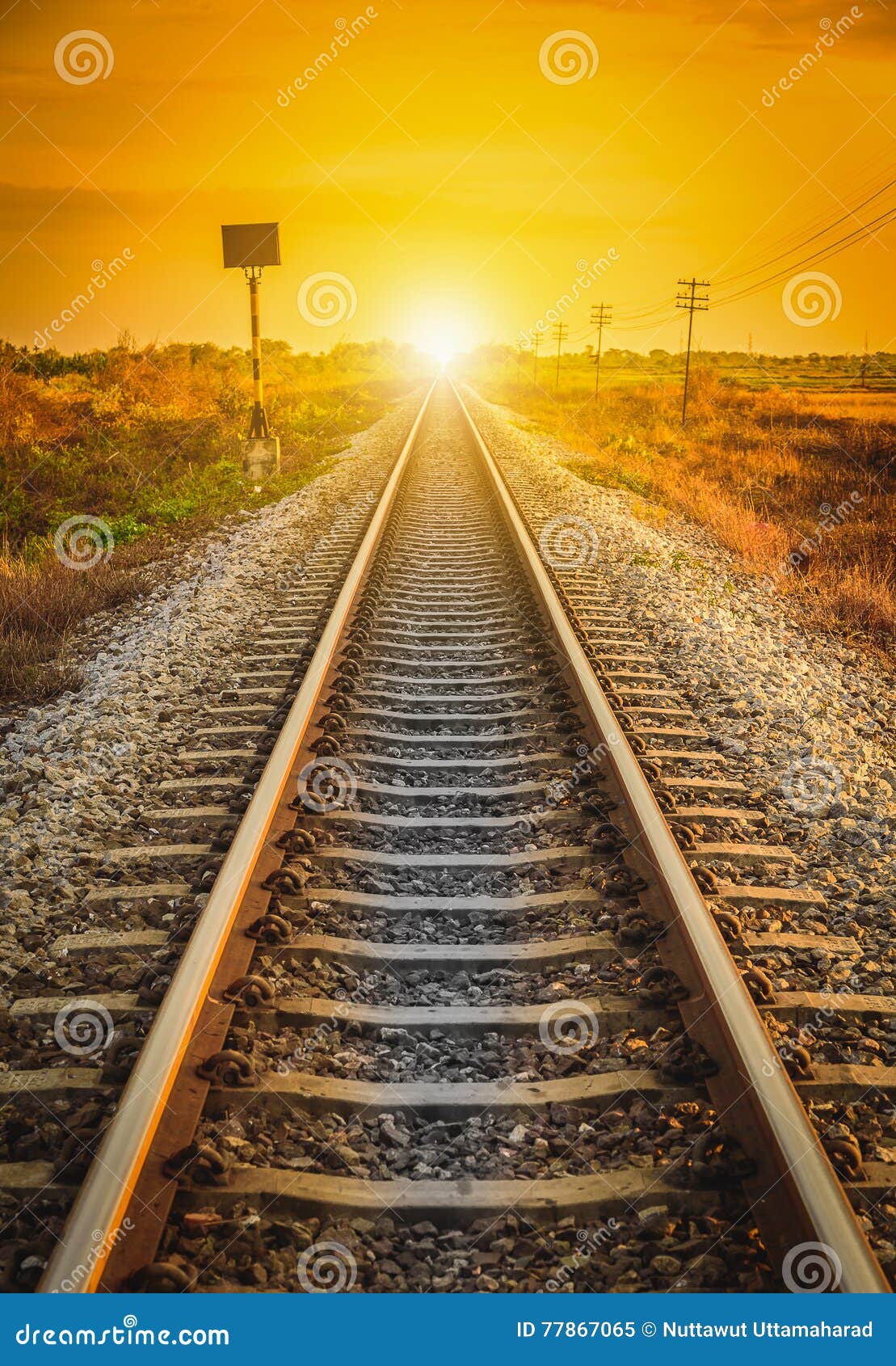 Railway Track in a Rural Scene at Sunset Time. Stock Image - Image of ...