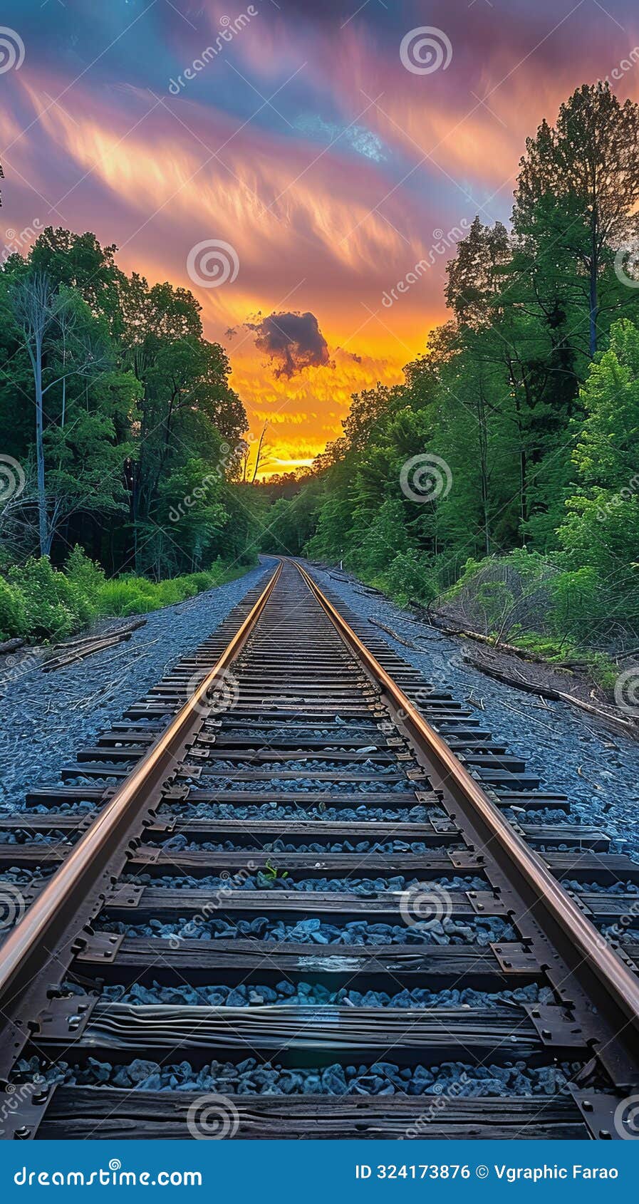 Railway Track at Sunset with Colorful Sky, Tranquil Scene Stock Photo ...