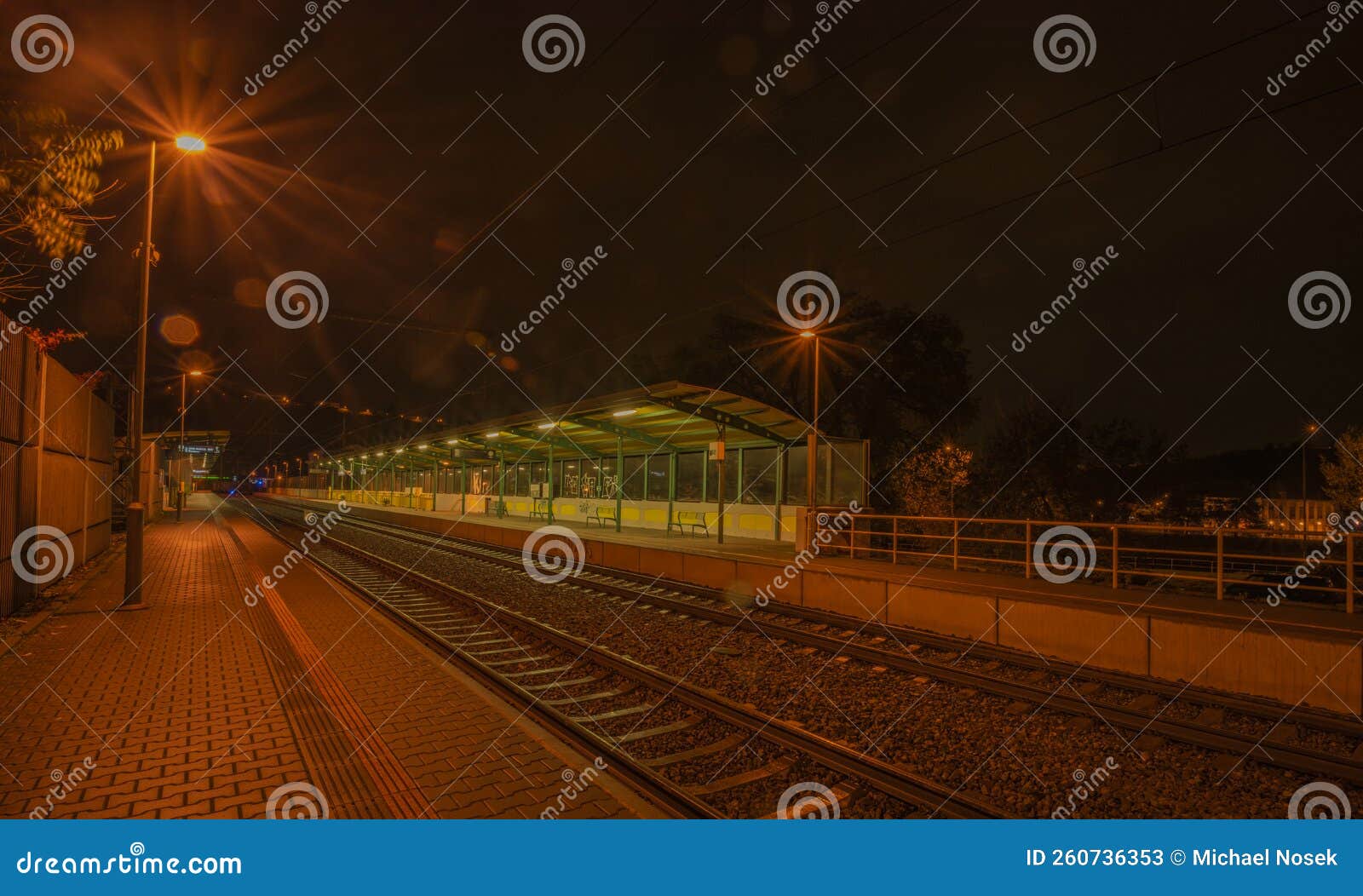 Railway Track and Train Light in Night in Prague Podbaba Station Stock ...