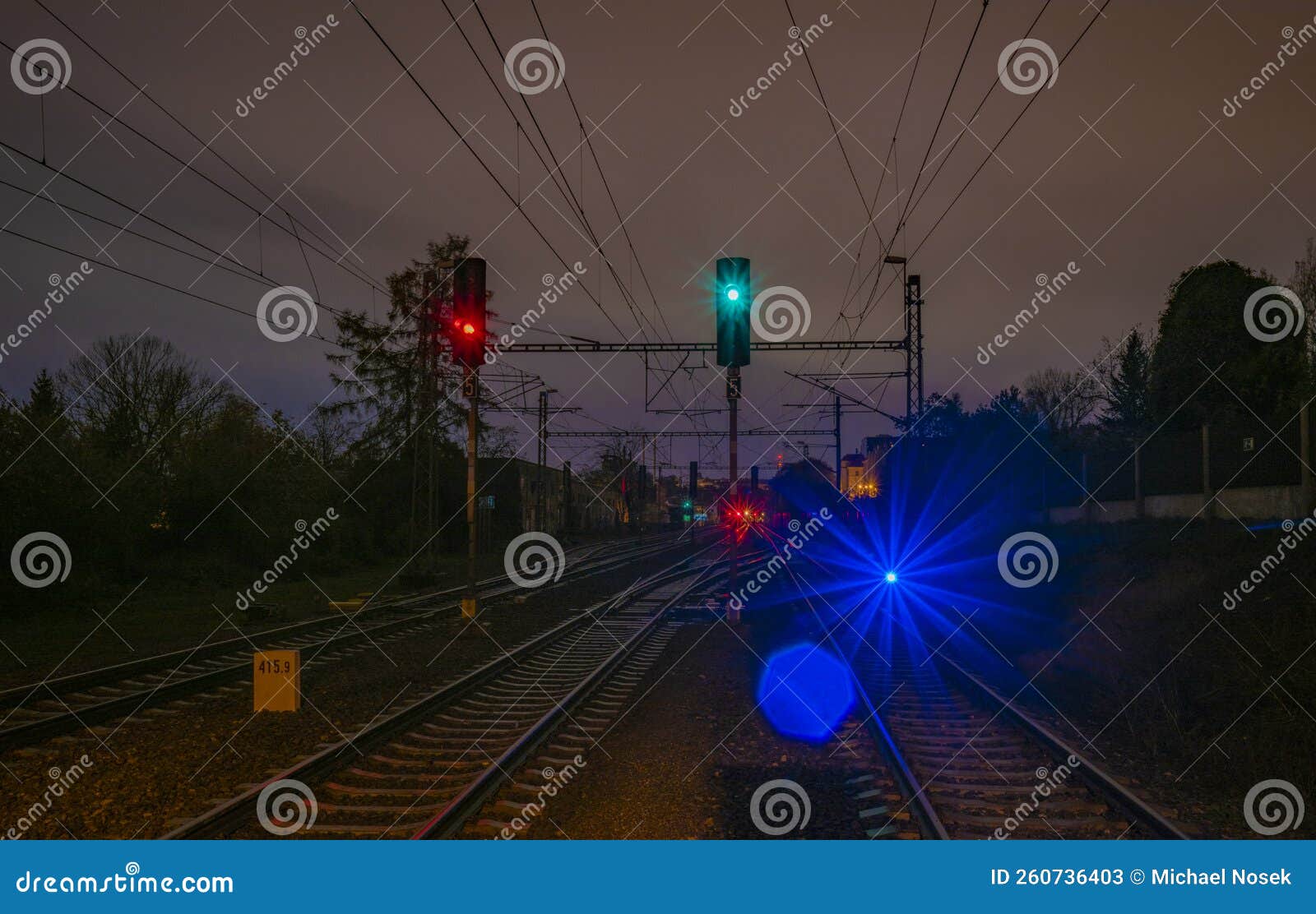 Railway Track and Train Light in Night in Prague Podbaba Station Stock ...