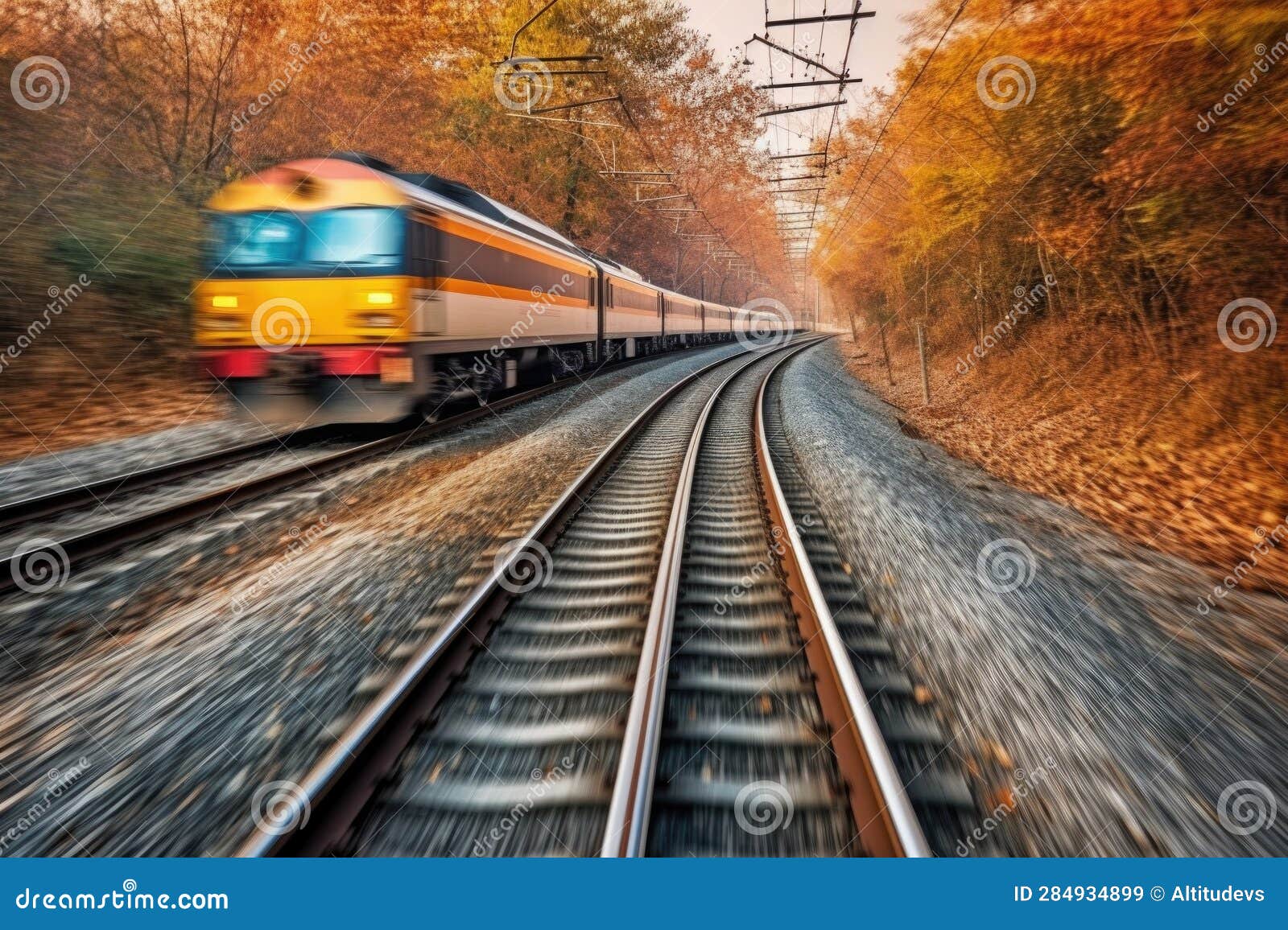 Railway Tracks Curving Ahead with Speeding Train Stock Illustration ...
