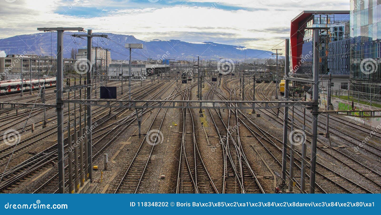 Railway Tracks with Geneva Train Station in the Background Stock Photo ...