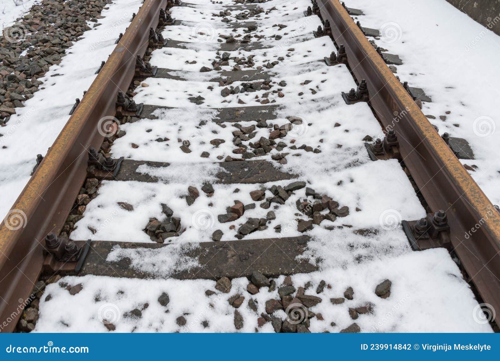 Railroad Tracks in Winter with a Train Stock Photo - Image of crossing ...