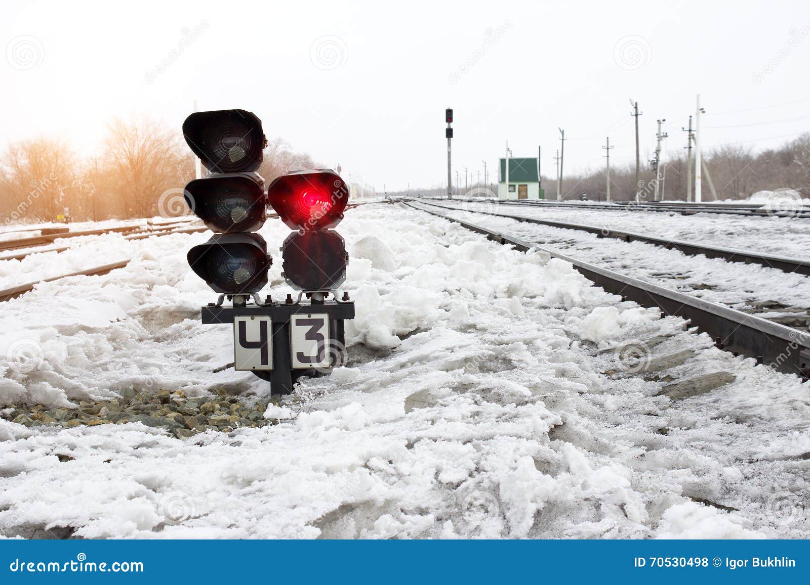 Railway Traffic Light Shows Blue Signal On Railway And Railway With ...