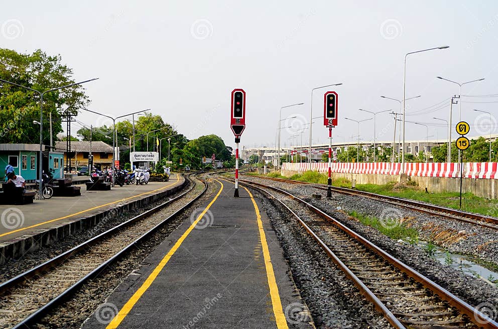 Railway with Traffic Light at Station Editorial Stock Image - Image of ...