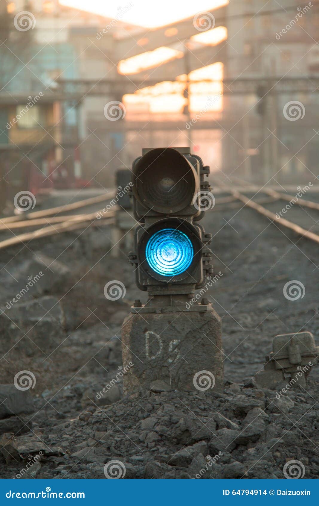 Railway Traffic Light Shows Blue Signal On Railway And Railway With ...