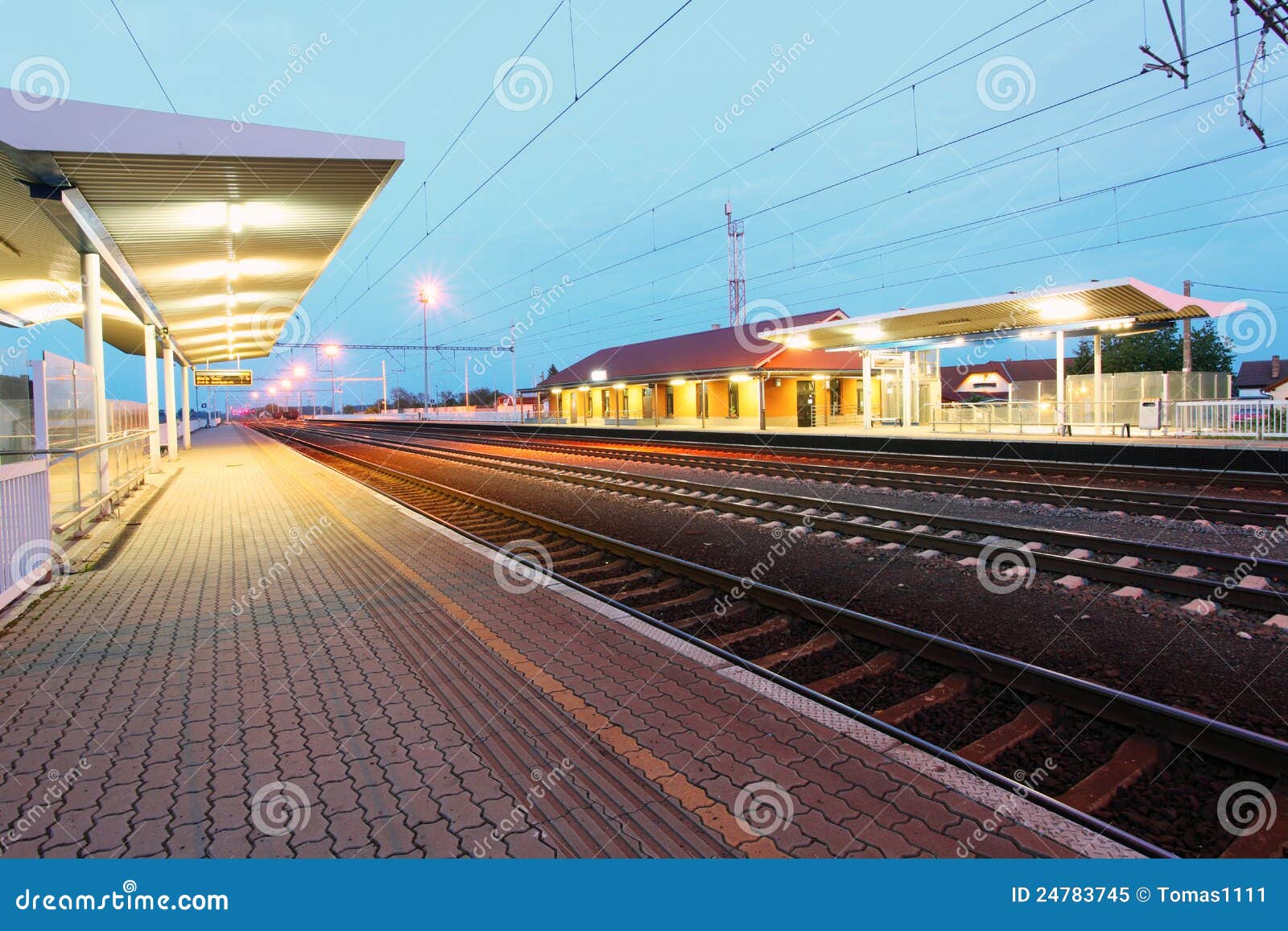 Railway with Train Platform at Night Stock Image - Image of dark ...