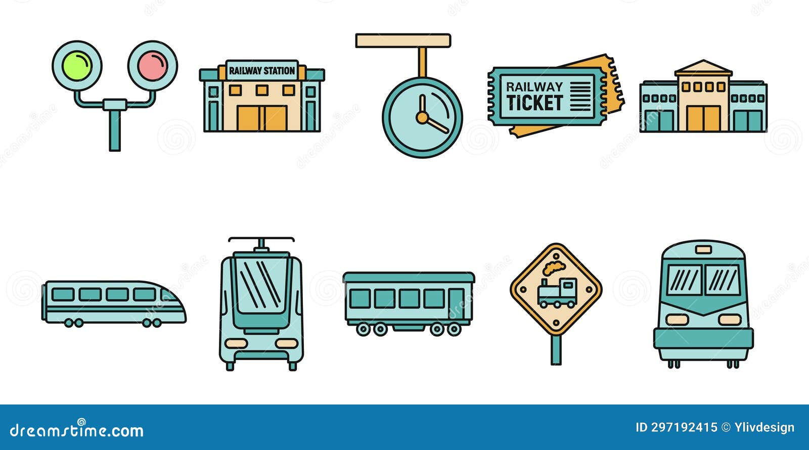 Railway Train Station Icons Set Vector Color Stock Illustration ...