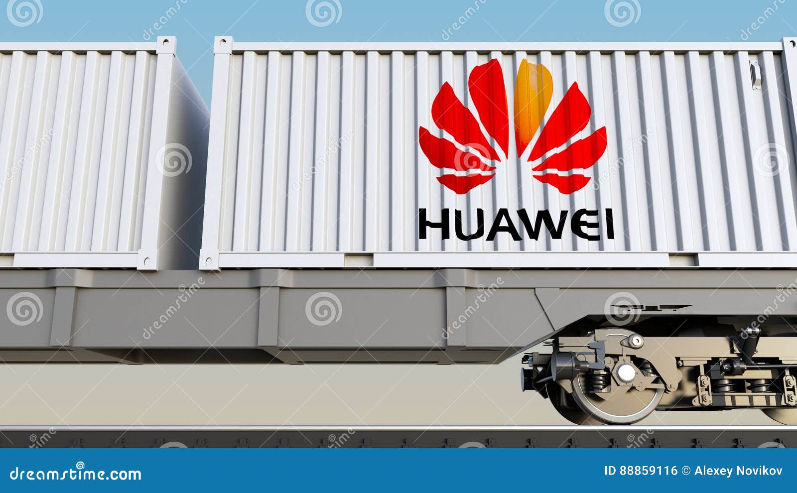 Railway Transportation of Containers with Huawei Logo. Editorial 3D ...