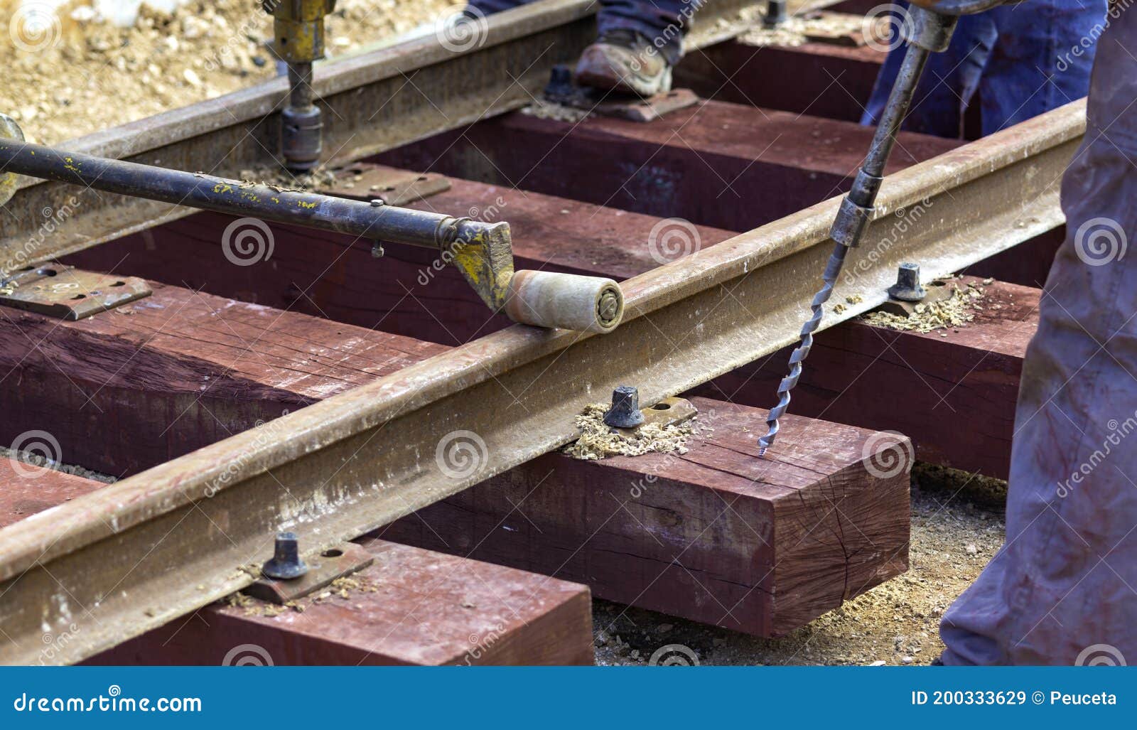 Railway Workers Bolting Track Rail. Stock Image - Image of lumber ...