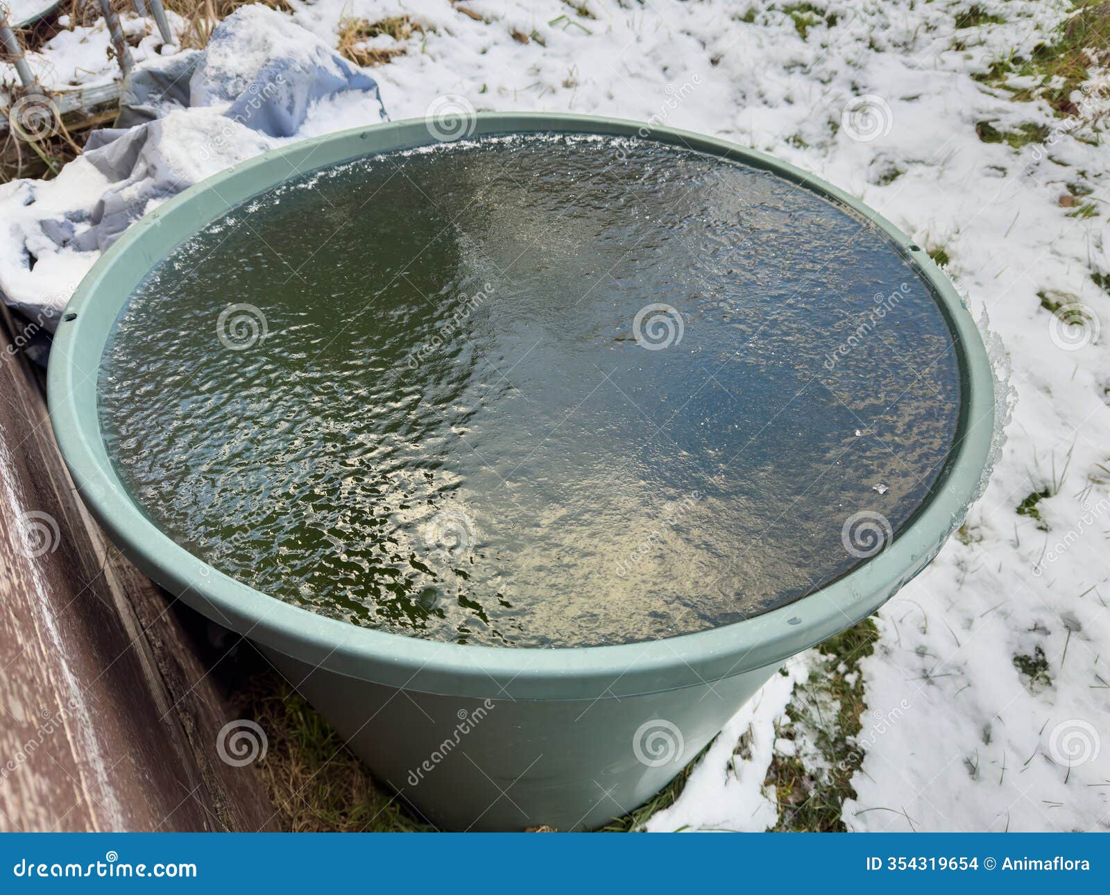 Rain Barrel in the Garden is Frozen Over in the Cold in Winter Stock ...