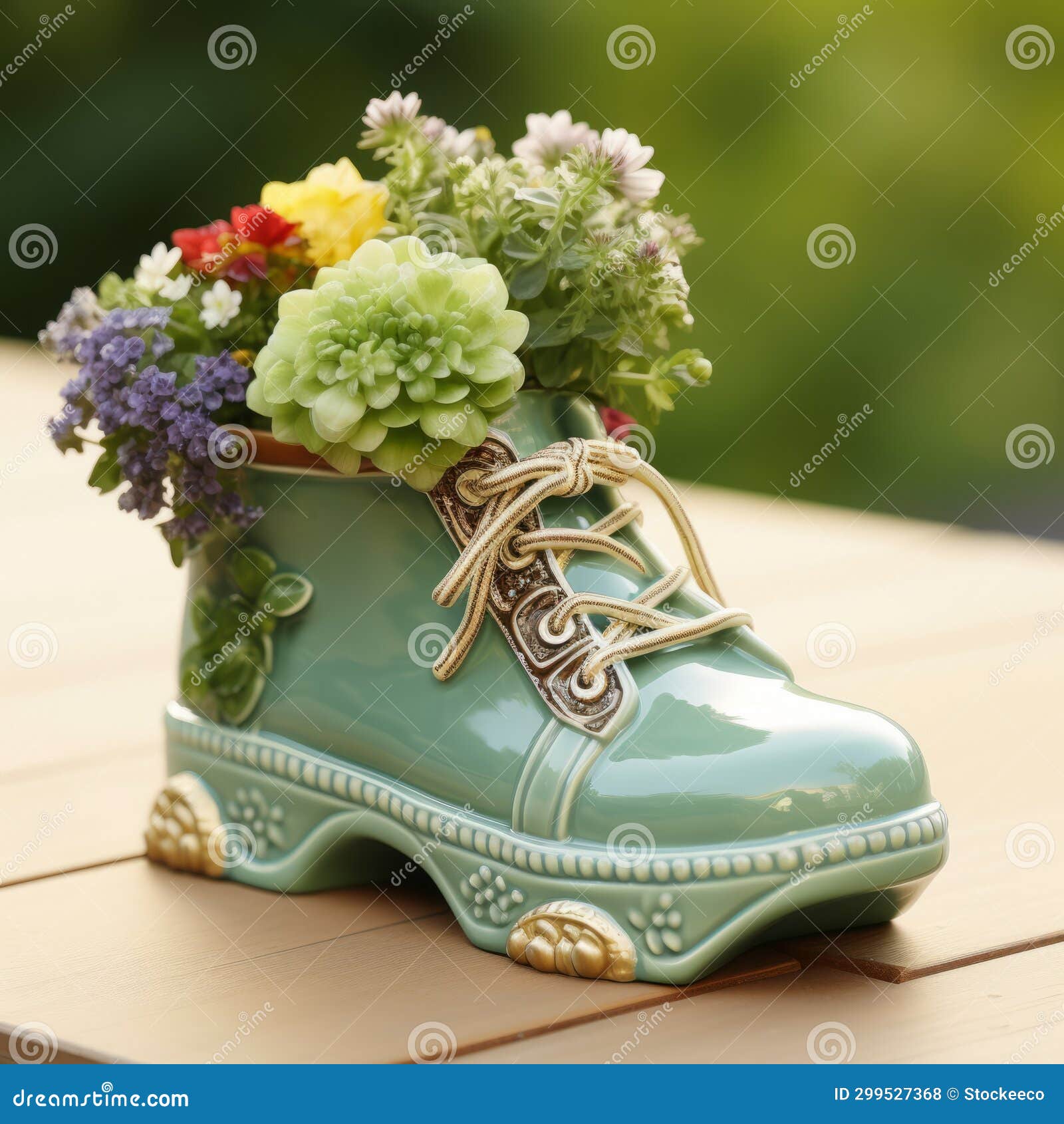 Romantic and Nostalgic Green Flower Planter with Boots Stock ...