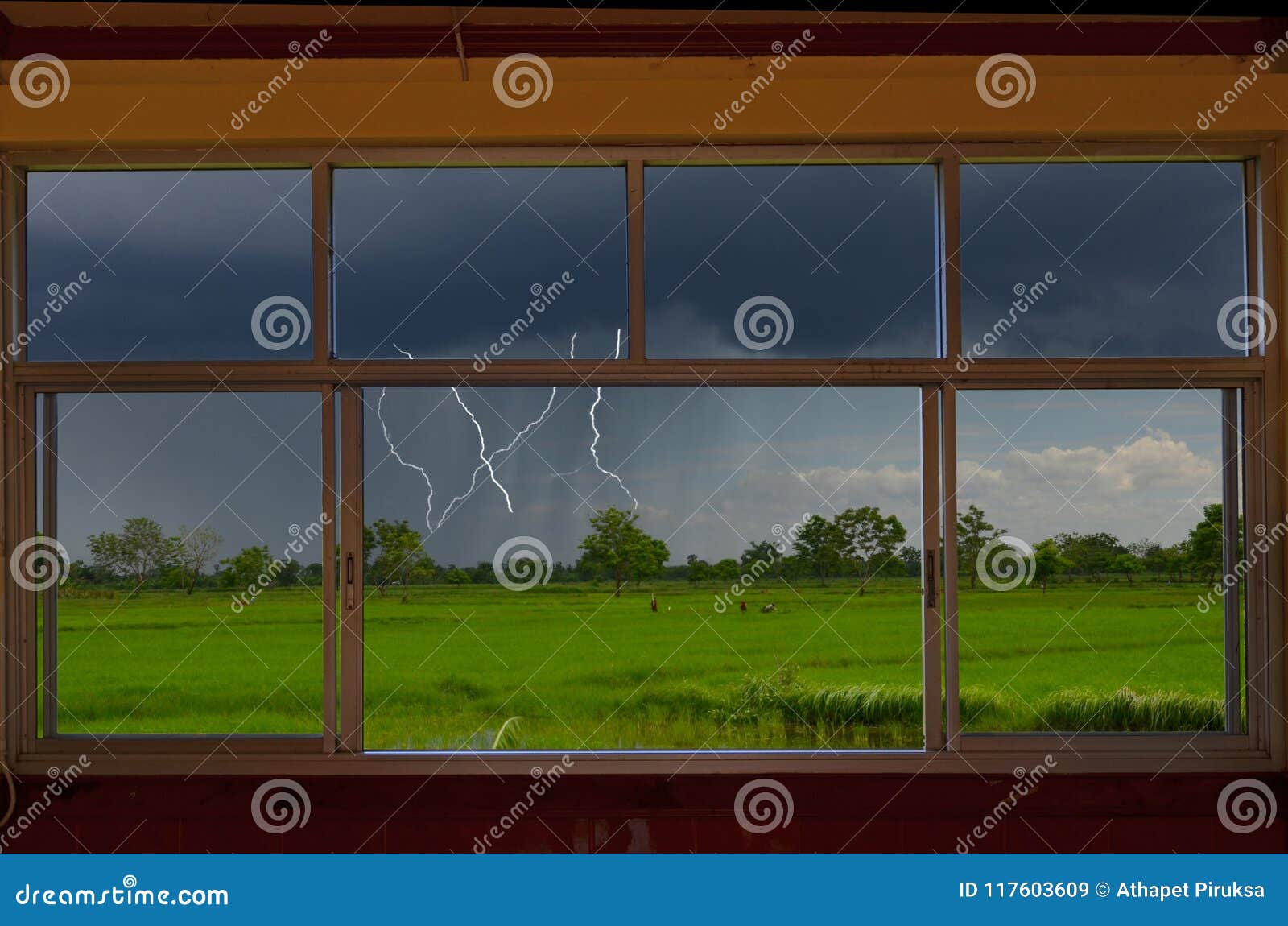 The Rain and Dangerous Lightning from Window View Stock Image - Image ...