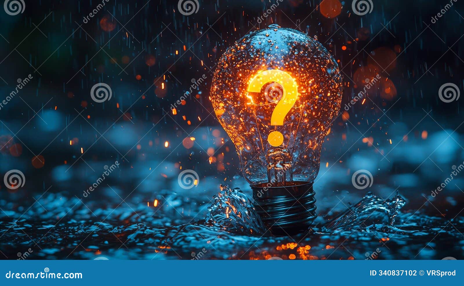 Rain-drenched Light Bulb with Glowing Question Mark in Dark Background ...