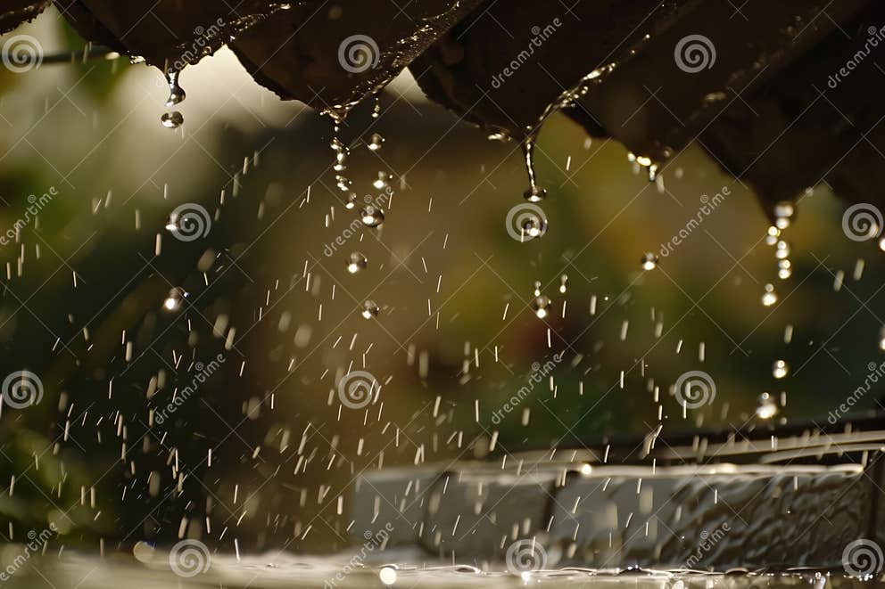 Rain Dripping from a Roof into a Clear Puddle Below Stock Image - Image ...