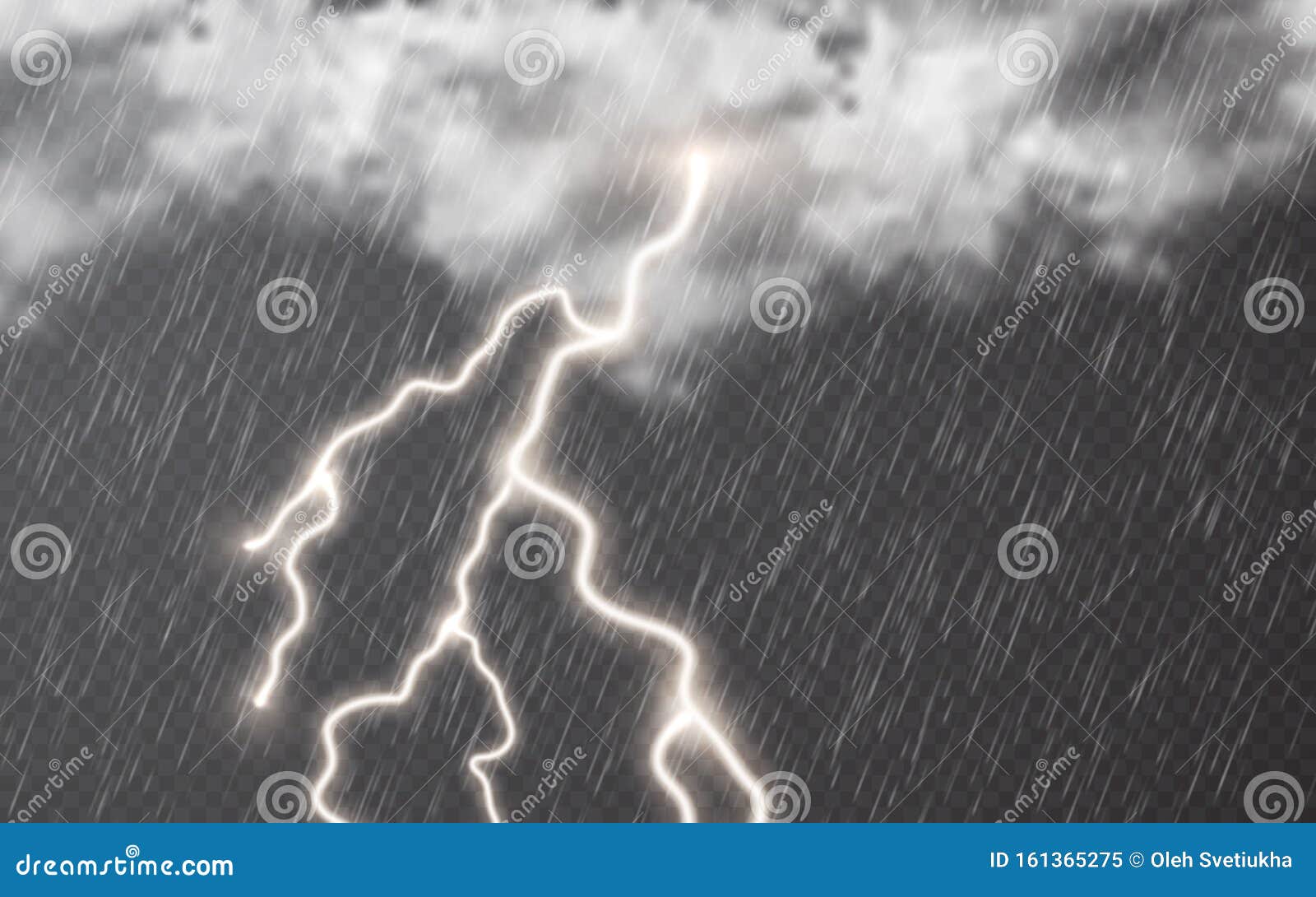 Rain Drops with Clouds and Lightning on Transparent Background. Falling ...