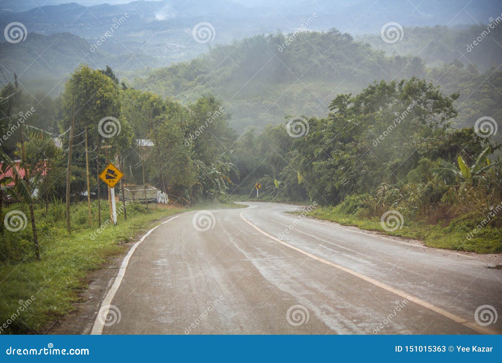 Rain Falling Drive with Caution Traffic Alerts Downhill Slope. Reduce ...