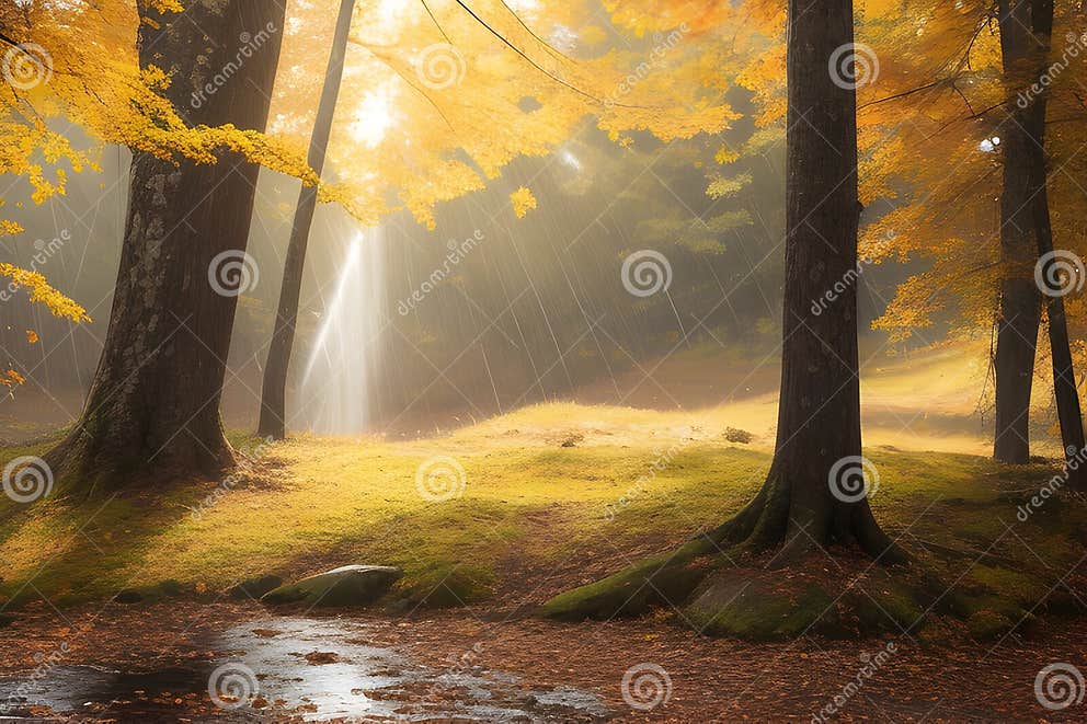 The Rain is Falling To the Forest in Autumn with Rays of Light Stock Illustration - Illustration ...