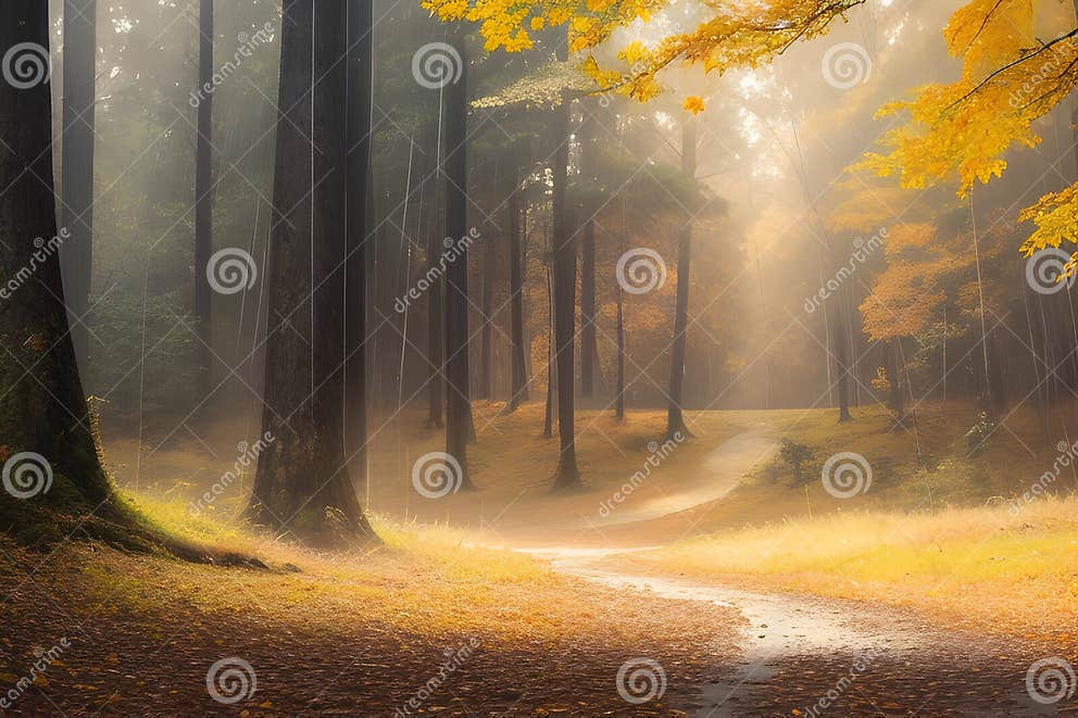 The Rain is Falling To the Forest in Autumn with Rays of Light Stock Illustration - Illustration ...